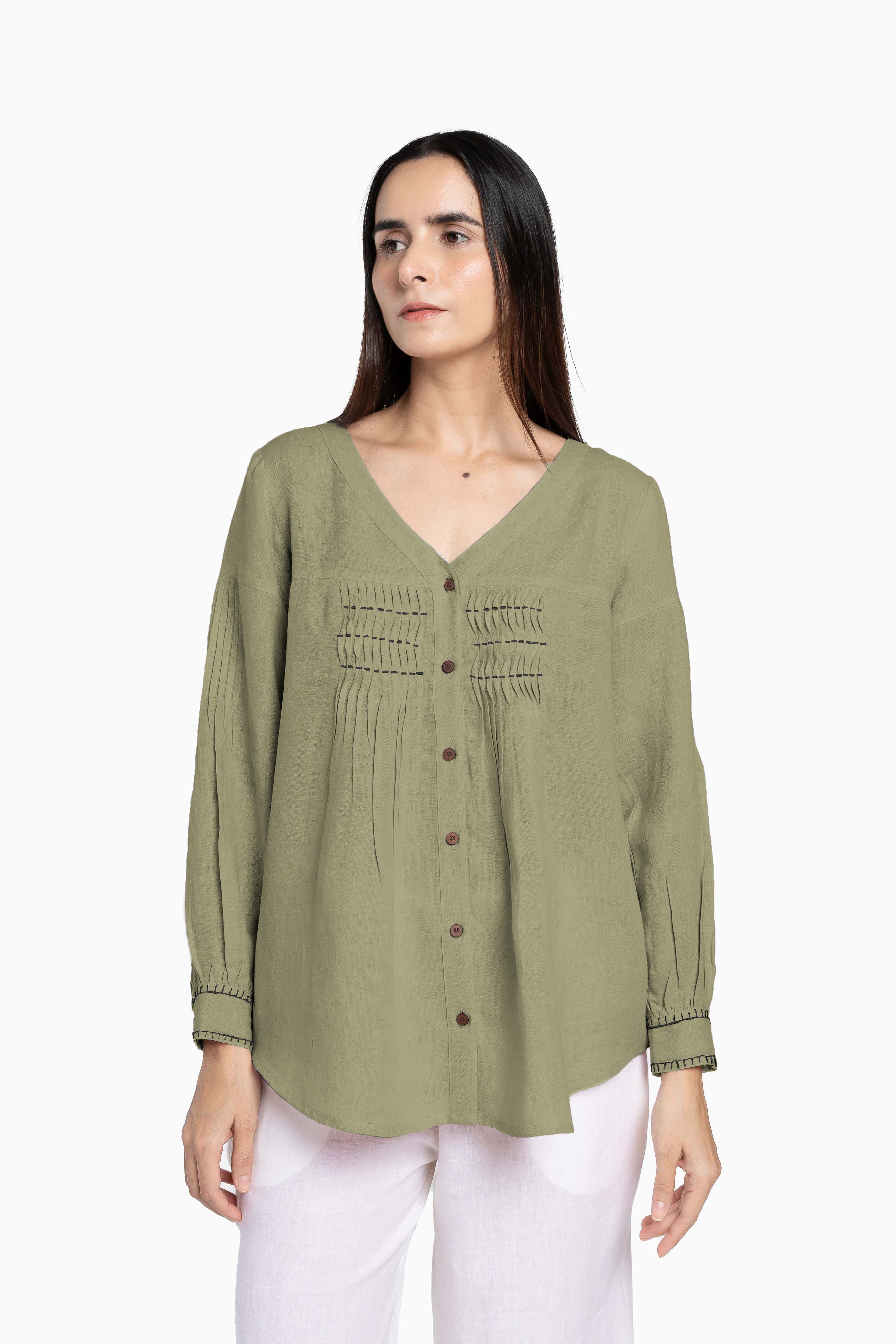 Buy Linen Caprice Top In Olive Mist Online – Live Linen